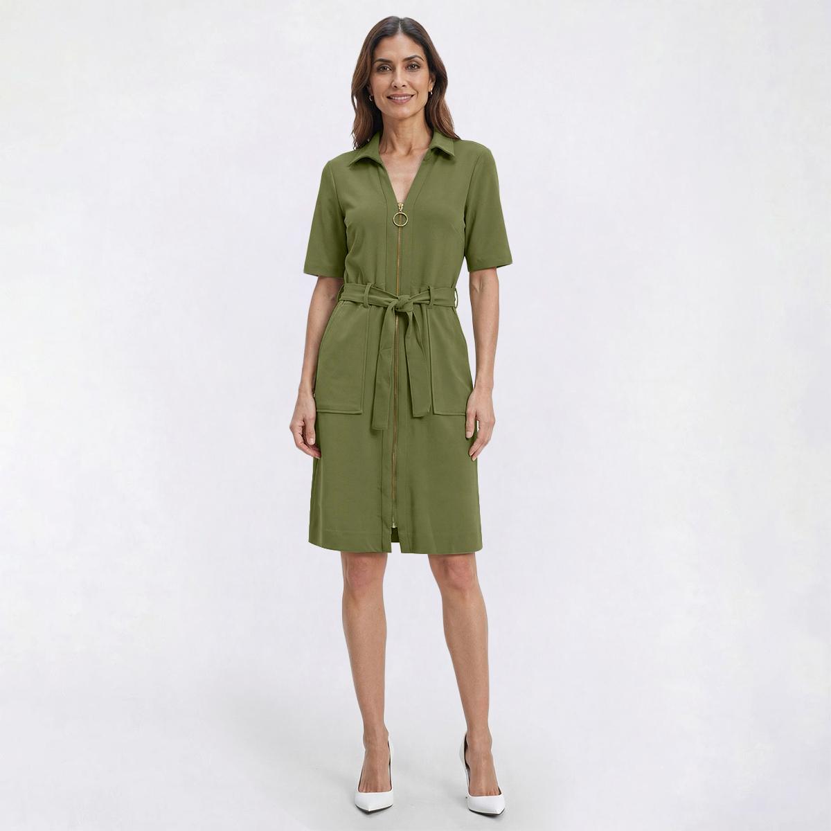 Click here for Womens Sharagano Elbow Sleeve Crepe Zip Split Neck... prices